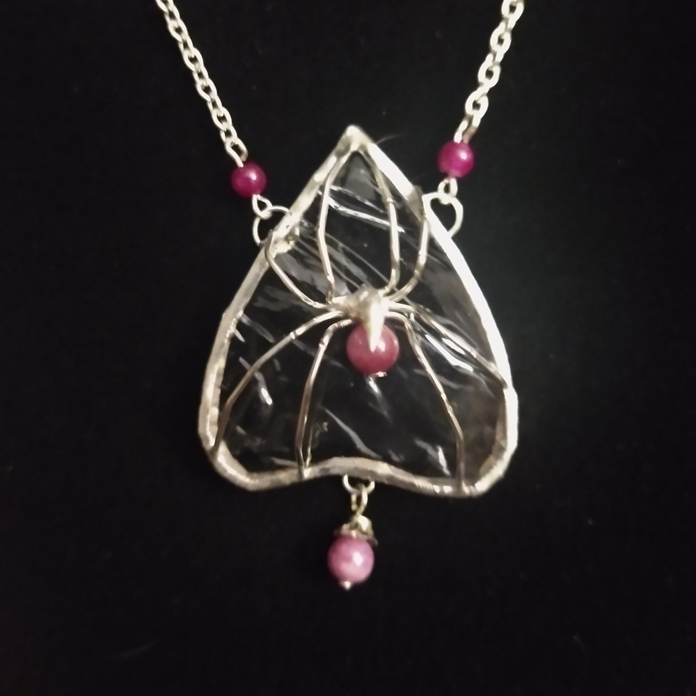 Stained Glass Ruby Spider Planchette Necklace - Gem